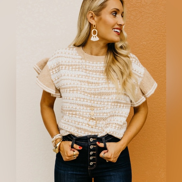 Anthropologie | Tops | Brown Beige Ruffle Sleeve Texture Boho Bohemian ...
